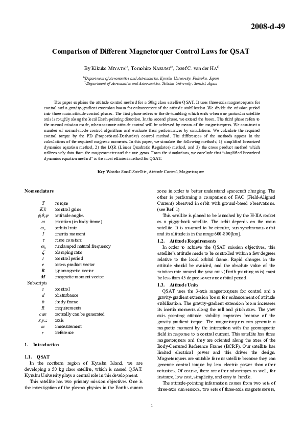 (PDF) Comparison of Different Magnetorquer Control Laws for QSAT ...