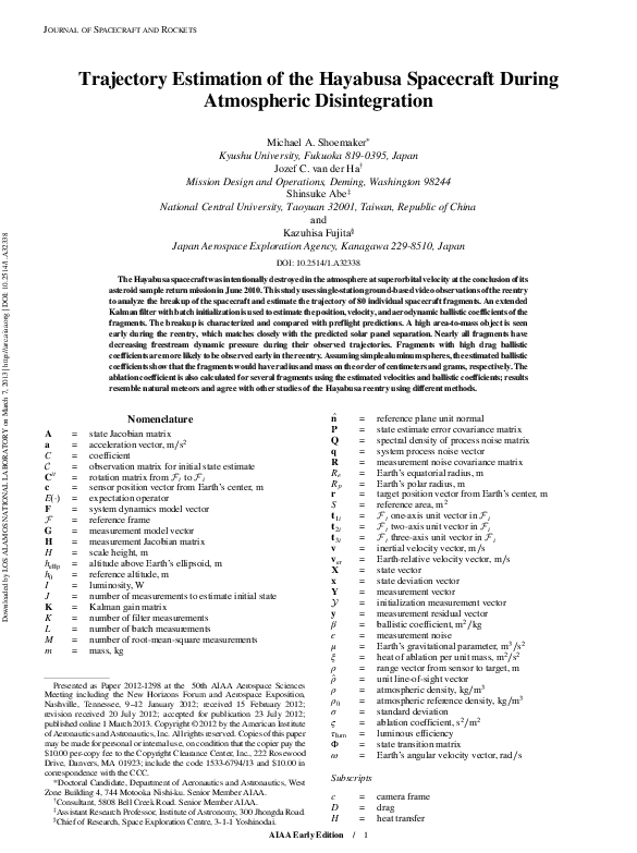 (PDF) Trajectory Estimation of the Hayabusa Spacecraft During ...