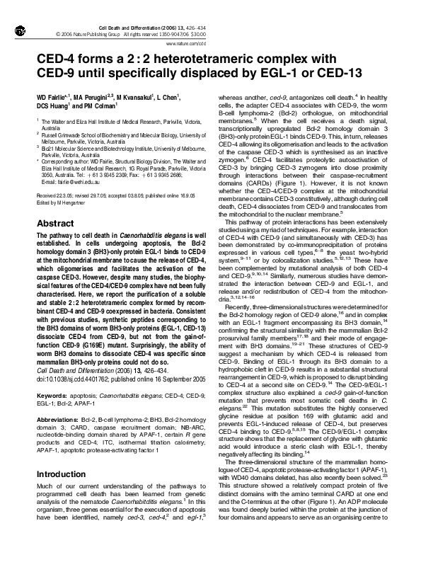 (PDF) CED-4 forms a 2 : 2 heterotetrameric complex with CED-9 until ...