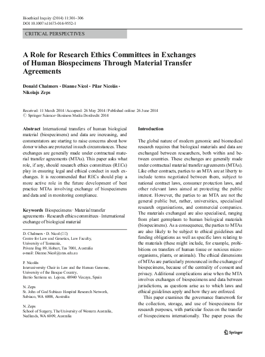 (PDF) A role for research ethics committees in exchanges of human biospecimens through material ...