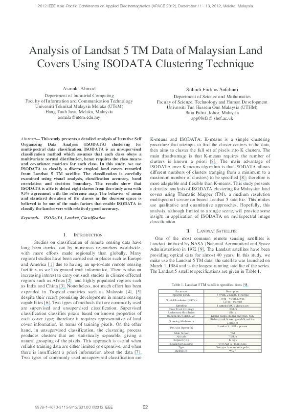 (PDF) Analysis of Landsat 5 TM Data of Malaysian Land Covers Using ISODATA Clustering Technique
