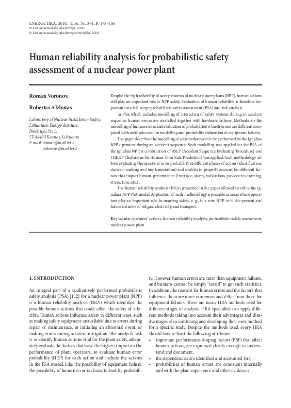 (PDF) Human reliability analysis for probabilistic safety assessment of ... (PDF) Human reliability analysis for probabilistic safety assessment of ...