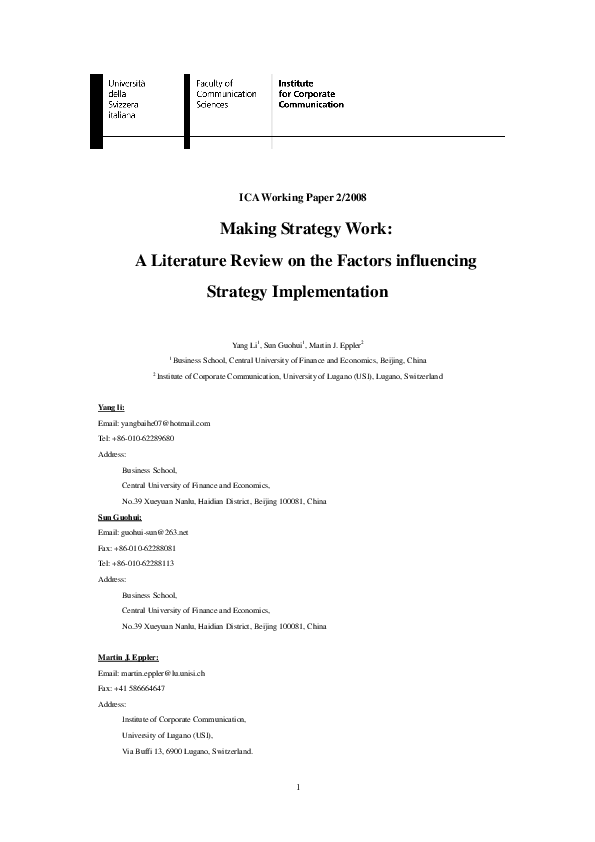(PDF) Making Strategy Work: A Literature Review on the Factors ...