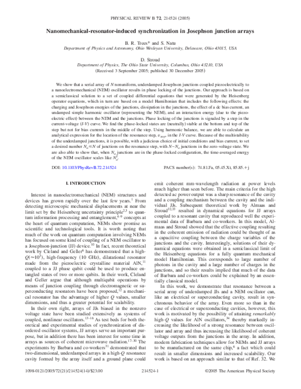(PDF) Nanomechanical-resonator-induced synchronization in Josephson junction arrays | David ...