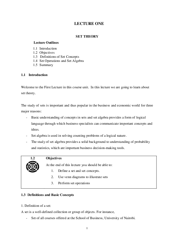 (PDF) LECTURE ONE SET THEORY Lecture Outlines