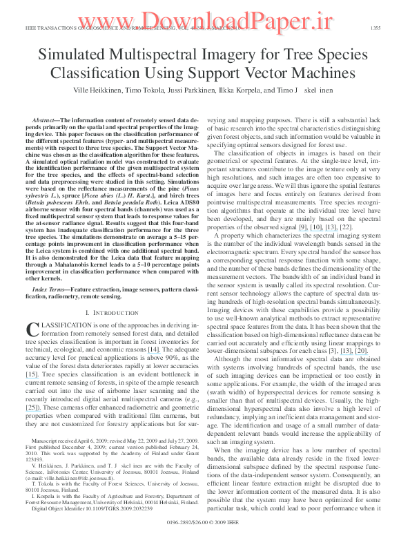 (PDF) Simulated multispectral imagery for tree species classification using support vector machines