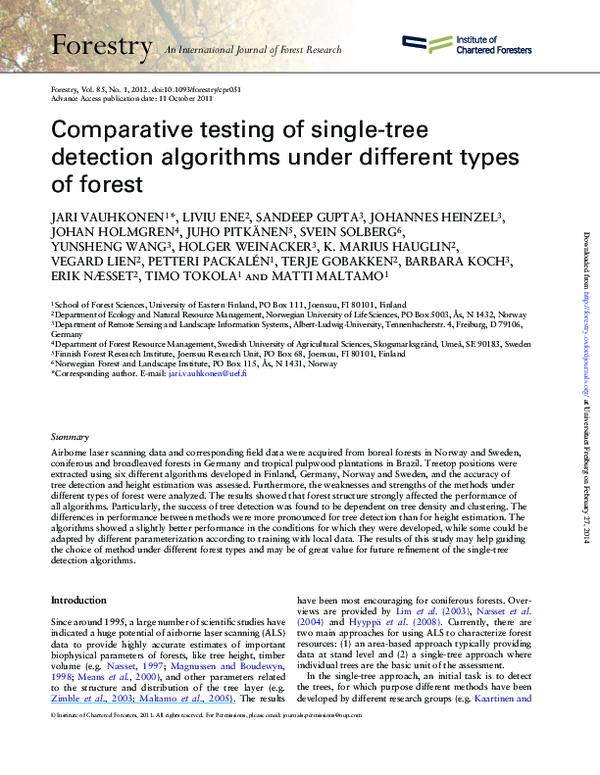 Pdf Comparative Testing Of Single Tree Detection Algorithms Under Different Types Of Forest