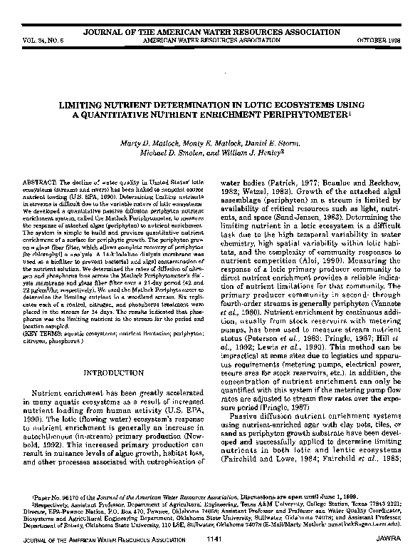 (PDF) Limiting Nutrient Determination in Lotic Ecosystems Using a ...