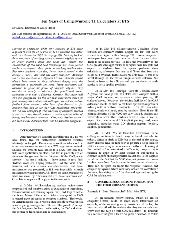 (PDF) Ten Years of Using Symbolic TI Calculators at ETS
