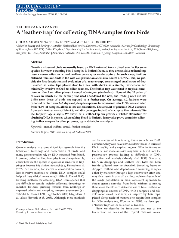 (PDF) A â feather-trapâ for collecting DNA samples from birds