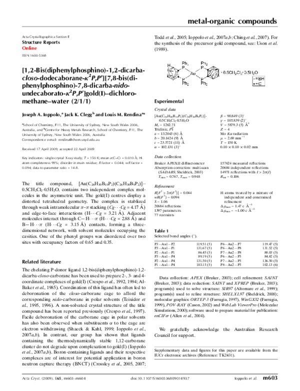 (PDF) [1,2-Bis(diphenylphosphino)-1,2-dicarba- closo -dodecaborane-κ 2 ...