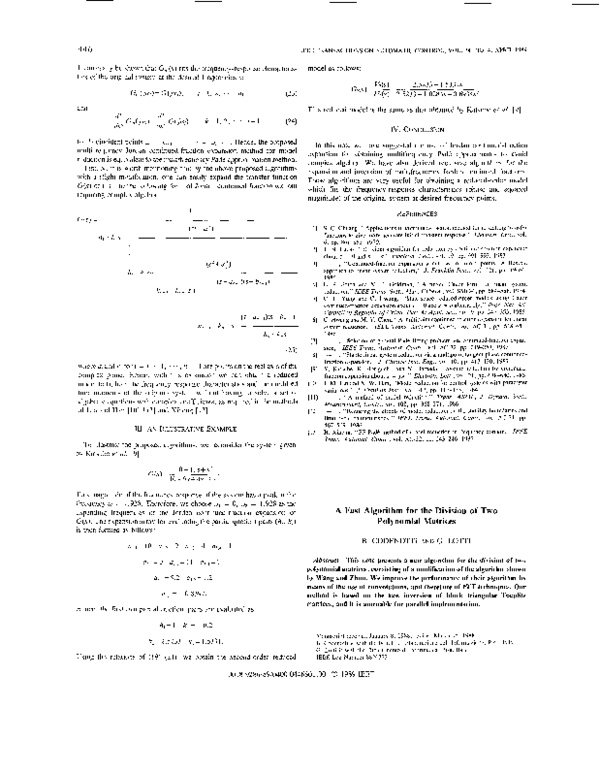 Pdf A Fast Algorithm For The Division Of Two Polynomial Matrices
