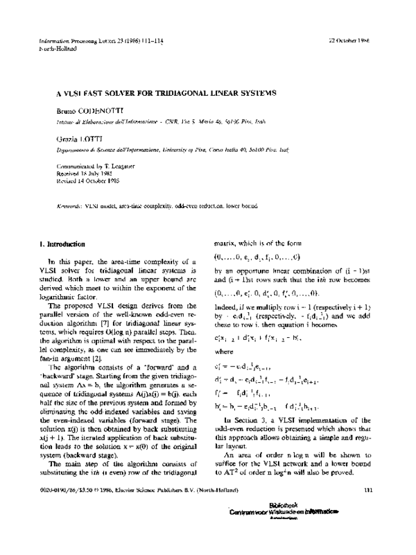 Pdf A Vlsi Fast Solver For Tridiagonal Linear Systems Bruno Codenotti