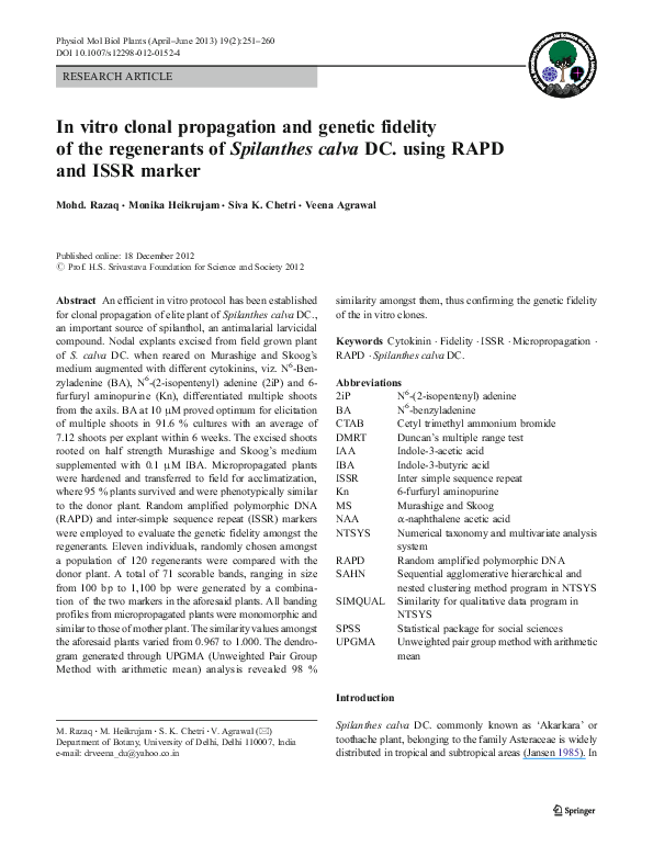 (PDF) In vitro clonal propagation and genetic fidelity of the ...