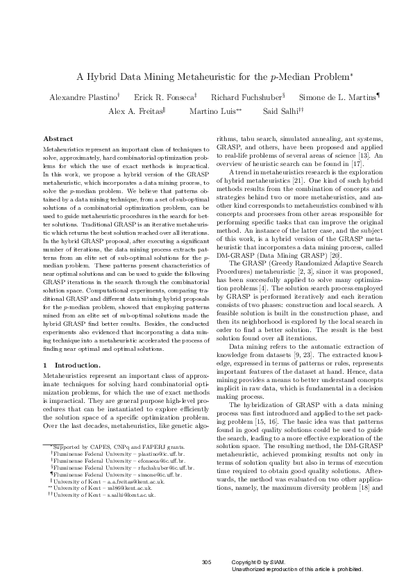 Pdf A Hybrid Data Mining Metaheuristic For The P Median Problem
