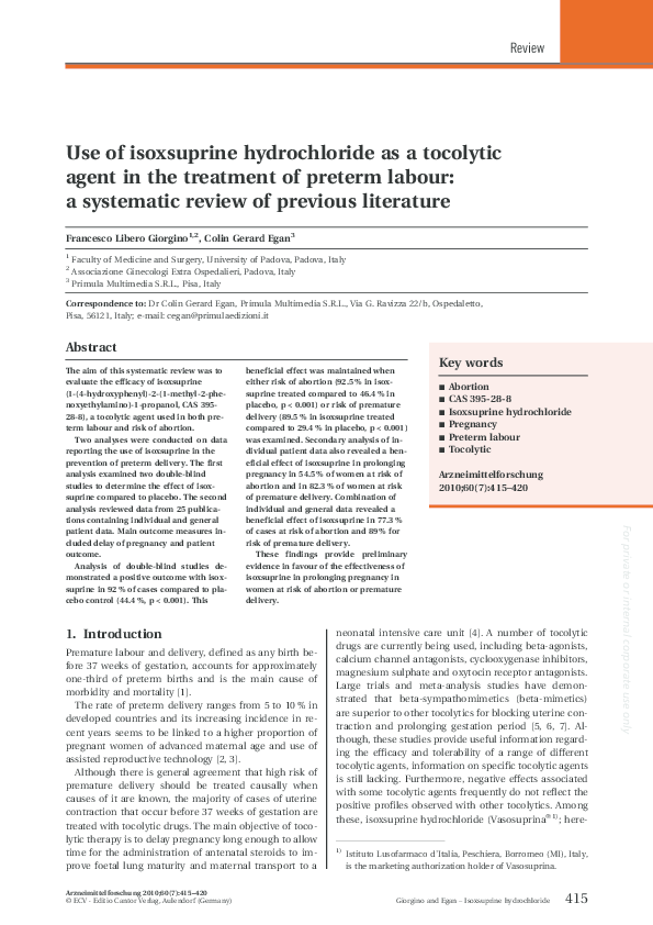 (PDF) Use of isoxsuprine hydrochloride as a tocolytic agent in the treatment of preterm labour ...