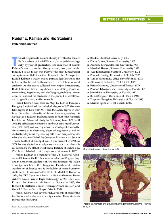 (PDF) Rudolf E. Kalman and His Students [Historical Perspectives ...