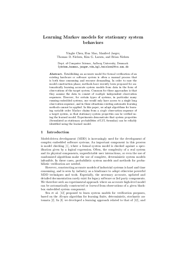 (PDF) Learning Markov Models for Stationary System Behaviors