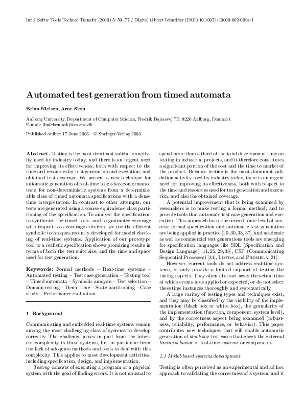 Pdf Automated Test Generation From Timed Automata