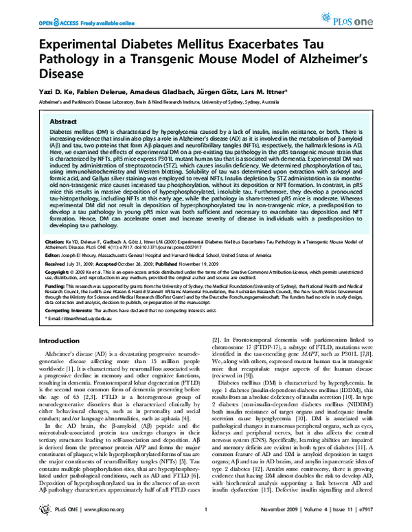 (PDF) Experimental Diabetes Mellitus Exacerbates Tau Pathology in P301L ...