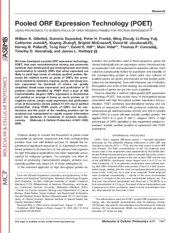 (PDF) Pooled ORF Expression Technology (POET): Using Proteomics to ...