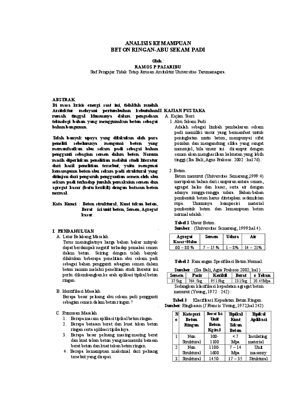 (PDF) ANALISIS KEMAMPUAN BETON RINGAN-ABU SEKAM PADI