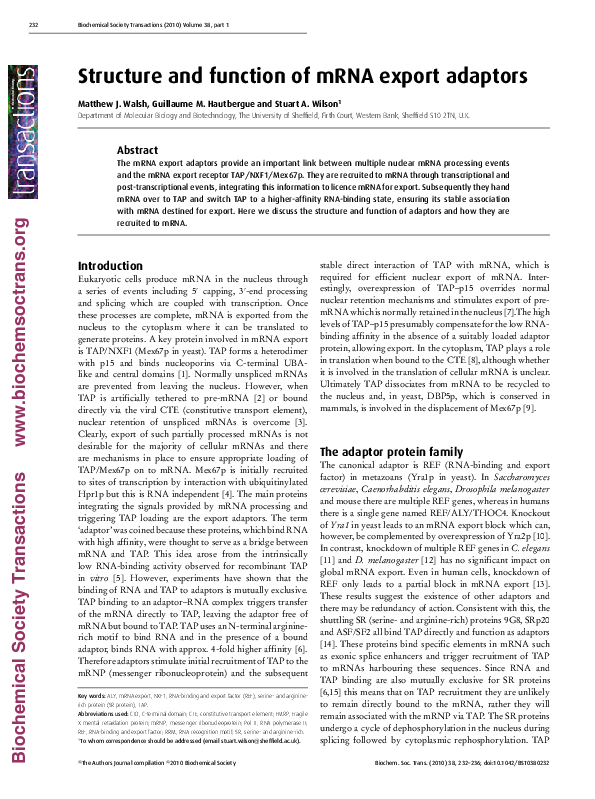 (PDF) Structure and function of mRNA export adaptors