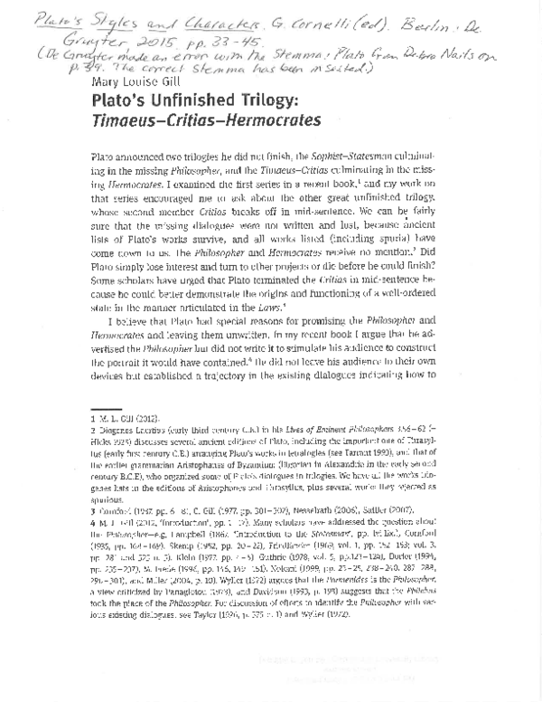 (PDF) Gill Plato's Unfinished Trilogy Timaeus Critias Hermocrates
