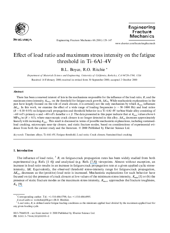 (PDF) Effect of load ratio and maximum stress intensity on the fatigue ...
