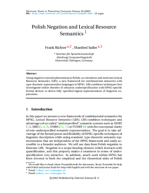 (PDF) Polish Negation and Lexical Resource Semantics