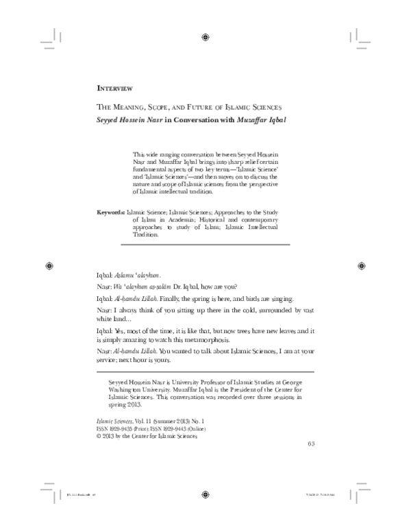 (PDF) The Meaning, Scope, and Future of Islamic Sciences: Seyyed ...