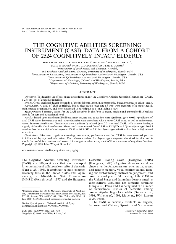 (PDF) The cognitive abilities screening instrument (CASI): data from a ...
