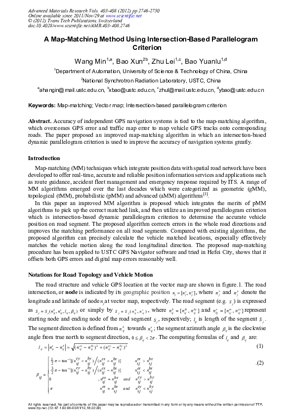 (PDF) A Map Matching Method Using Intersection Based Parallelogram