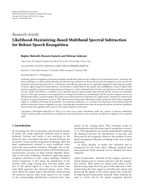 Pdf Likelihood Maximizing Based Multiband Spectral Subtraction For Robust Speech Recognition