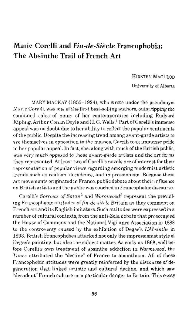 (PDF) Marie Corelli and Fin-de-Siècle Francophobia: The Absinthe Trail ...