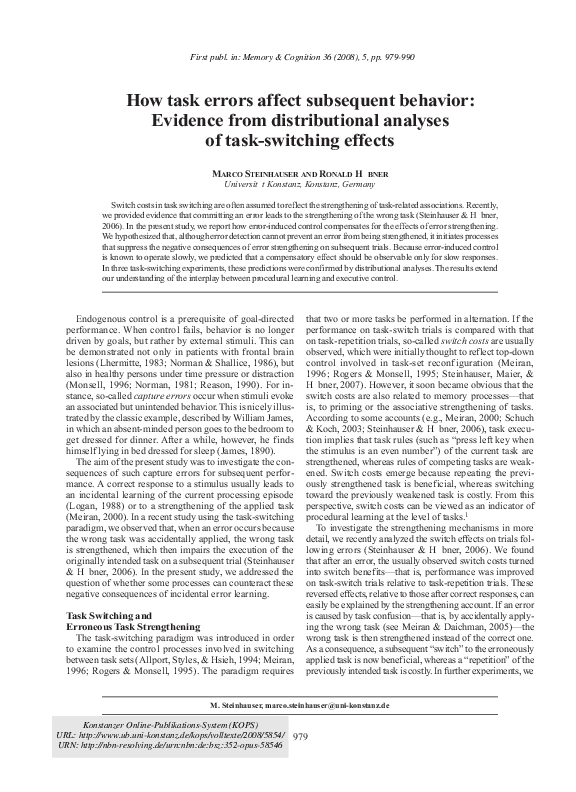 (PDF) How task errors affect subsequent behavior: Evidence from distributional analyses of task ...