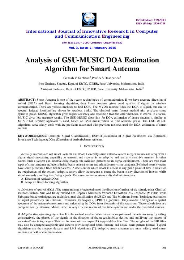 (PDF) Analysis of GSU-MUSIC DOA Estimation Algorithm for Smart Antenna