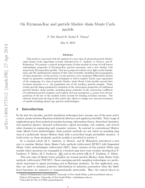Pdf On Feynman Kac And Particle Markov Chain Monte Carlo Models