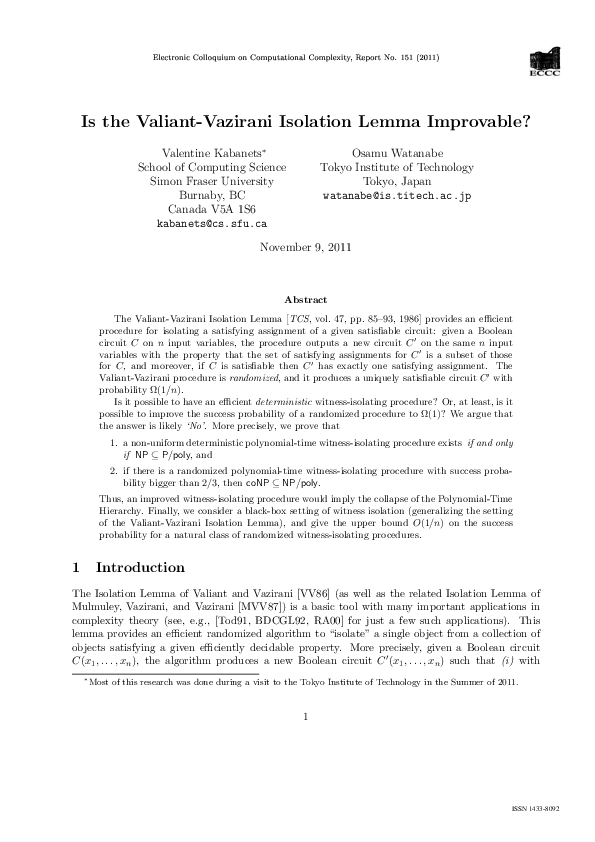 (PDF) Is the Valiant-Vazirani Isolation Lemma Improvable?