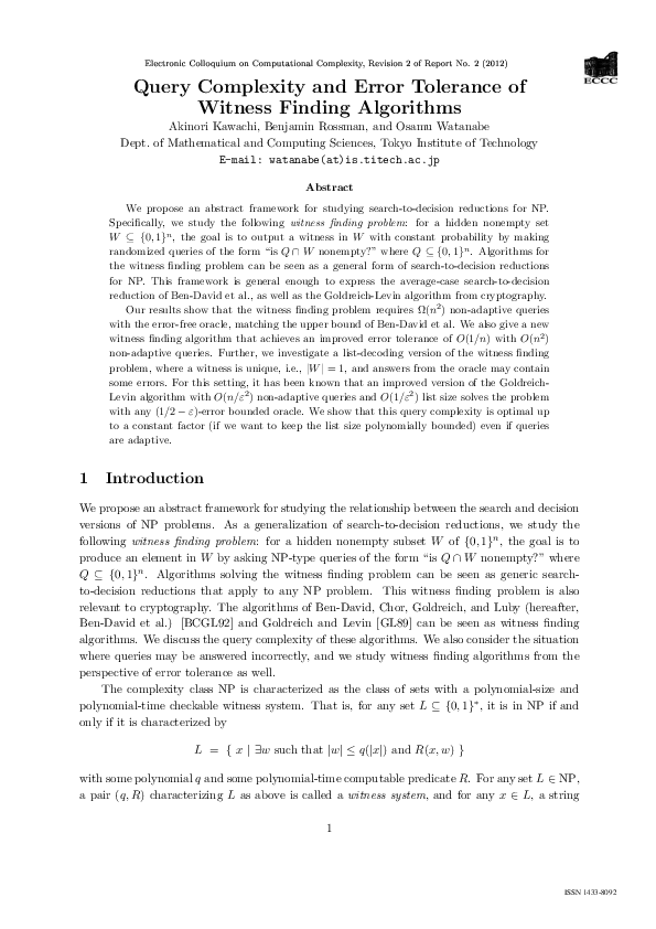 (PDF) Query complexity and error tolerance of witness finding algorithms