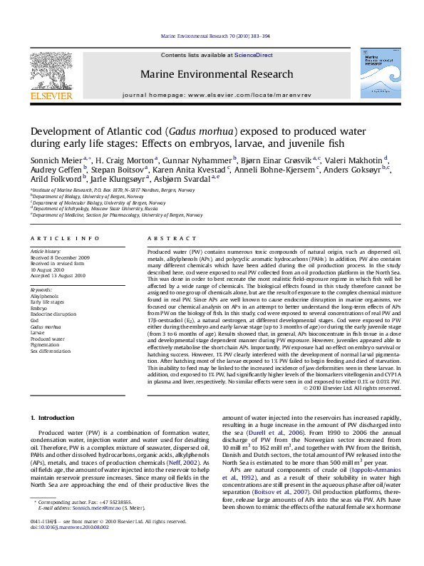 (PDF) Development of Atlantic cod (Gadus morhua) exposed to produced ...