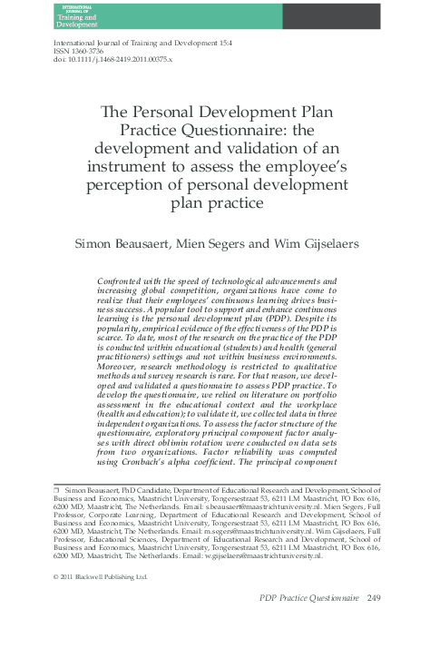 (PDF) The Personal Development Plan Practice Questionnaire: the development and validation of an ...
