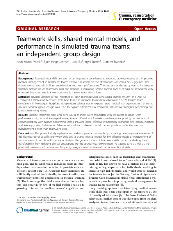 (PDF) Teamwork skills, shared mental models, and performance in ...