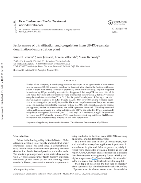 (PDF) Performance of ultrafiltration and coagulation in an UF-RO seawater desalination ...