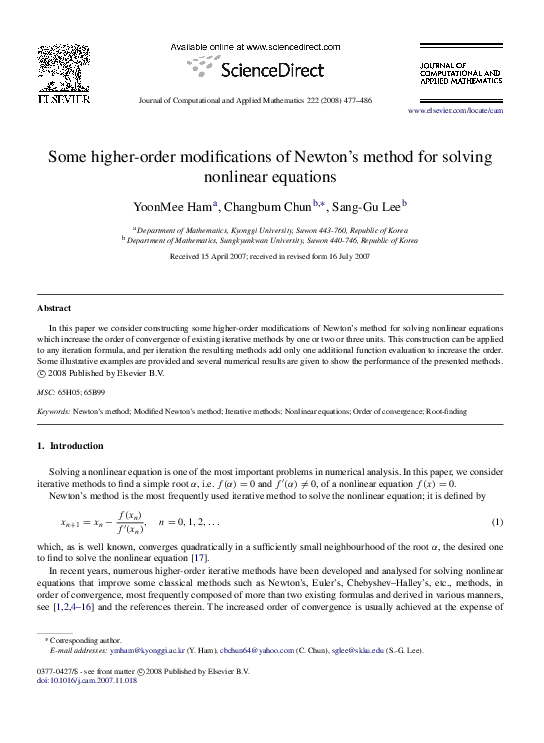 Pdf Some Higher Order Modifications Of Newtons Method For Solving Nonlinear Equations