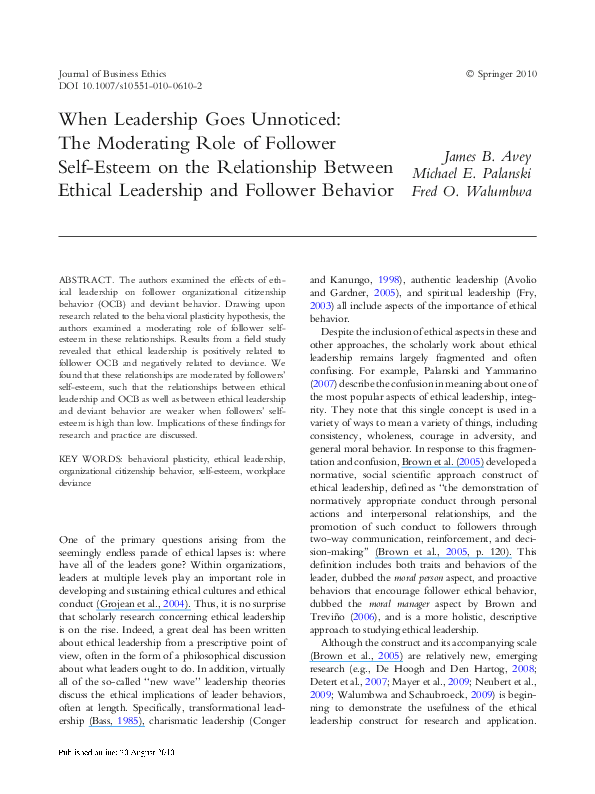 (PDF) When Leadership Goes Unnoticed: The Moderating Role of Follower Self-Esteem on the ...
