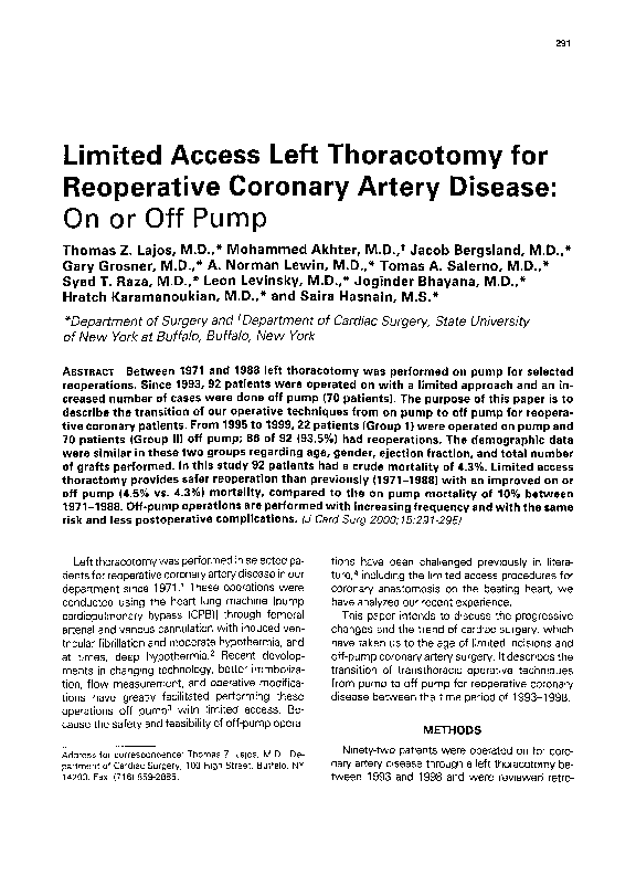 (PDF) Limited Access Left Thoracotomy for Reoperative Coronary Artery ...