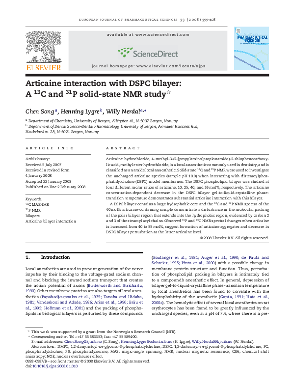 (PDF) Articaine interaction with DSPC bilayer: A 13C and 31P solid ...
