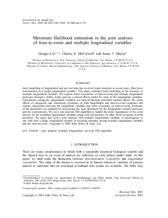 Pdf Maximum Likelihood Estimation In The Joint Analysis Of Time To Event And Multiple