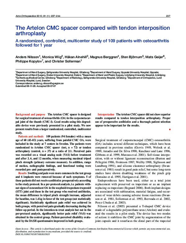 (PDF) The Artelon CMC spacer compared with tendon interposition ...